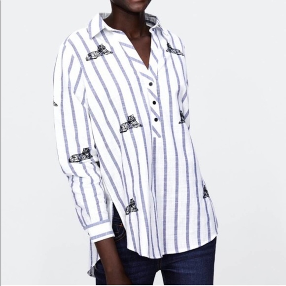 Zara | Tops | Zara Striped Tiger Embroidered Oversized Shirt S | Poshmark